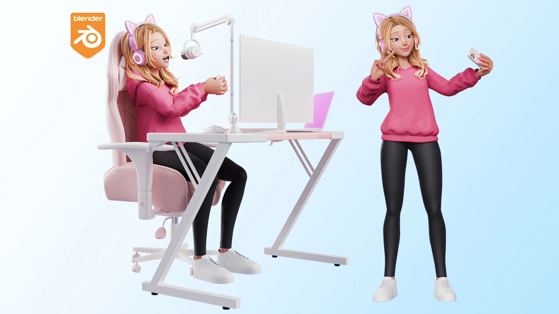 Gamer Girl White Woman – Rigged 3D Character for Blender | ThreeDee